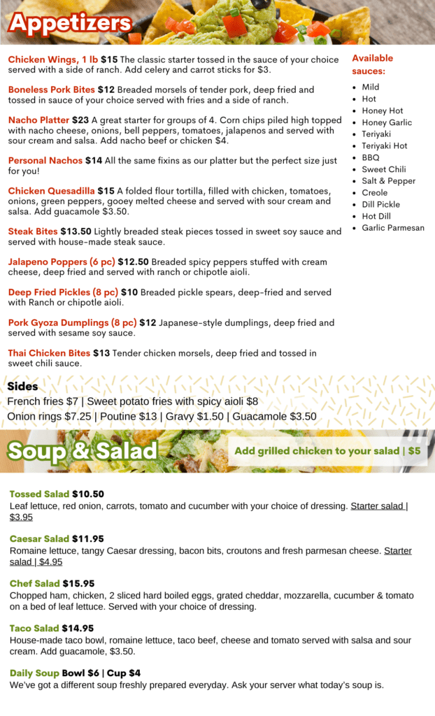 The 56 Restaurant and Lounge Menus