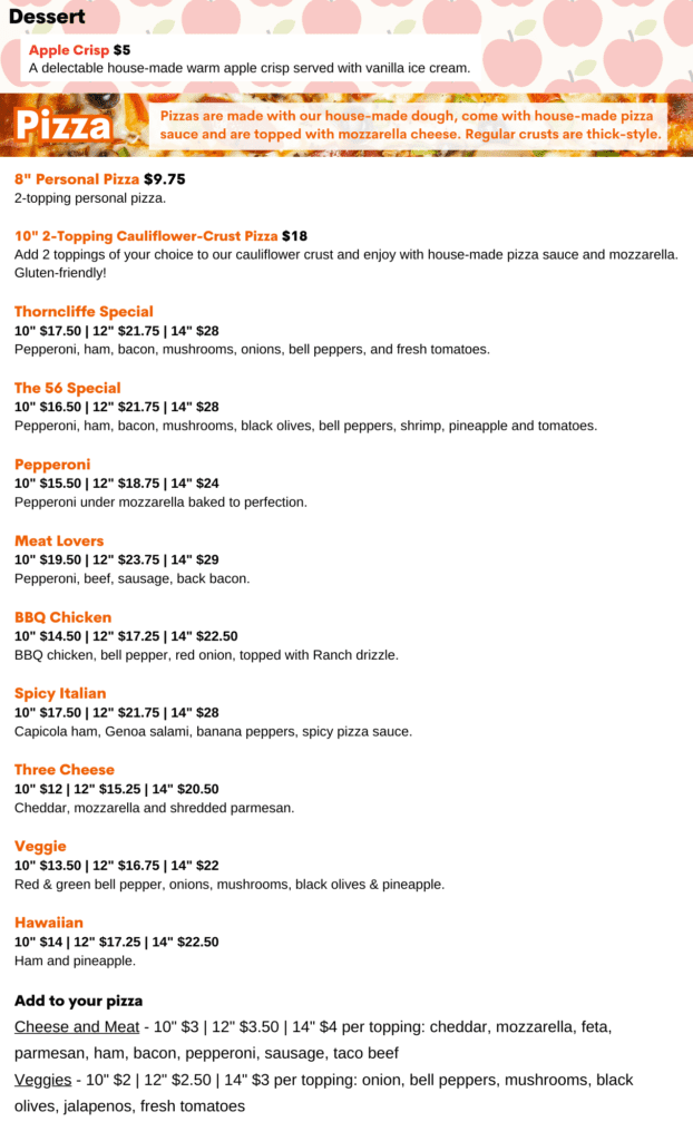 The 56 Restaurant and Lounge Menus