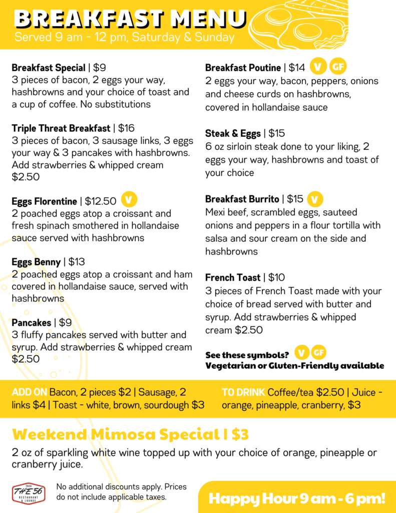 The 56 Restaurant and Lounge Menus