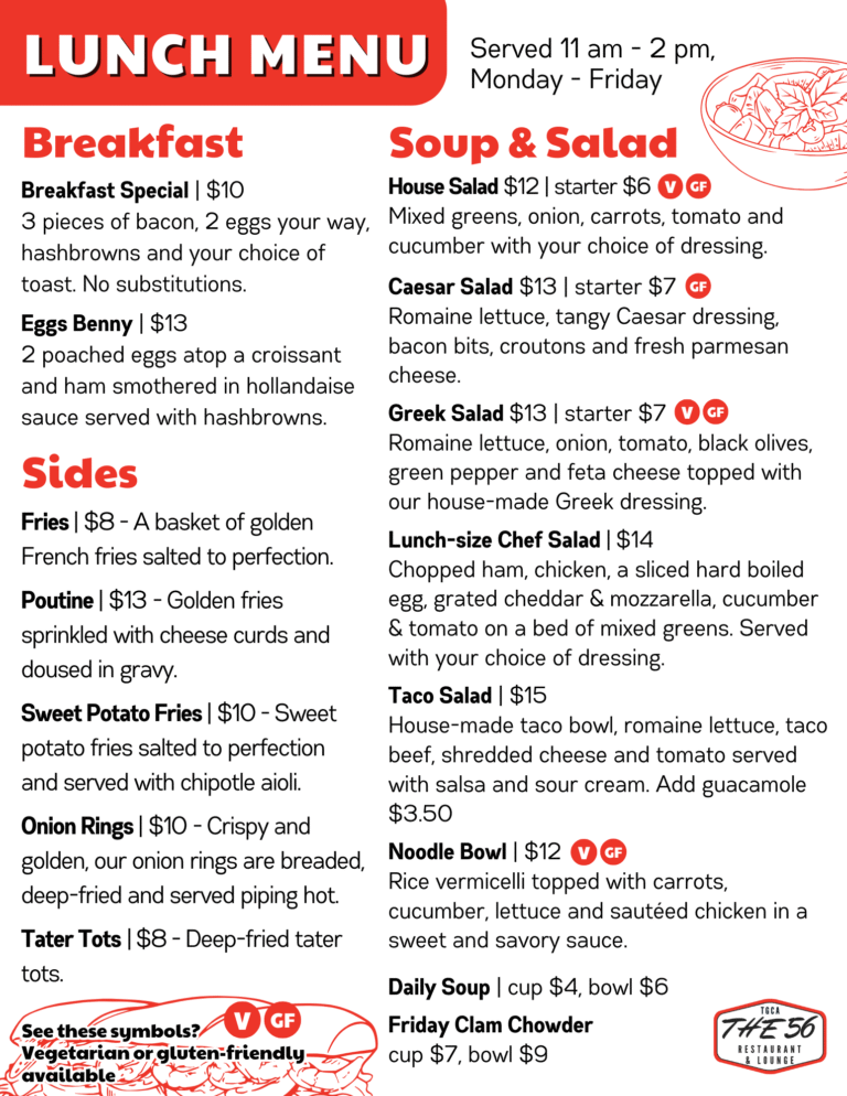 The 56 Restaurant and Lounge Menus